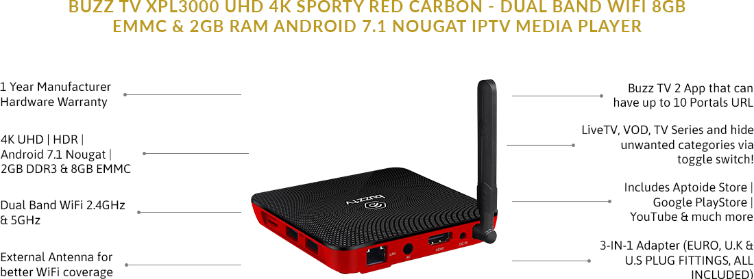 SALE - Buzztv XPL3000 UHD 4K Sporty Red Carbon - Dual Band WiFi 8GB ...